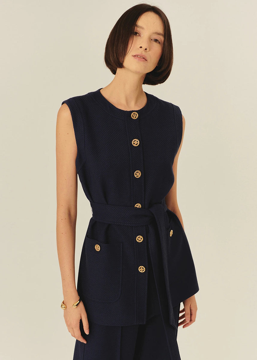 Phoenix Navy Tailored Vest – Sleeveless Belted Gilet with Gold Buttons ...
