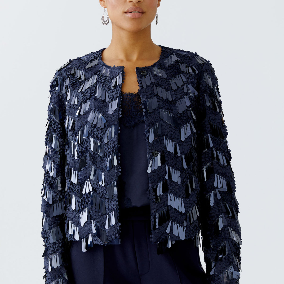 Oui Dark Blue Sequin Jacket – Shimmering Statement Evening Layers ...