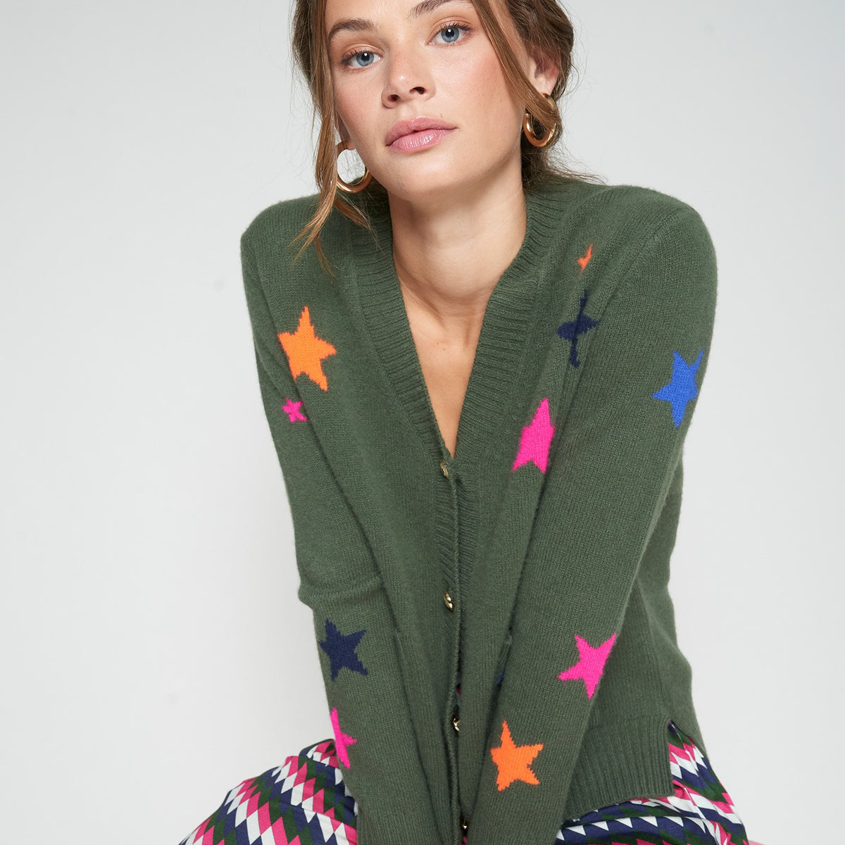 Vilagallo Alina Green Wool Cardigan with Neon Star Detail – Ribbon ...